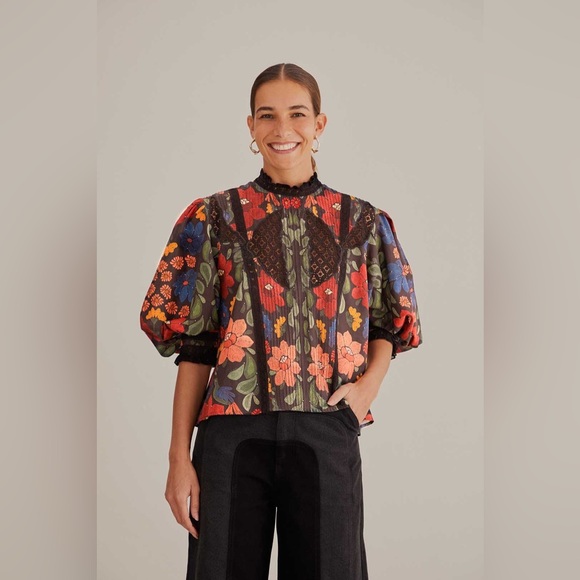 FARM Rio | Tops | Farm Rio Black Stitched Flowers Short Sleeve Blouse ...